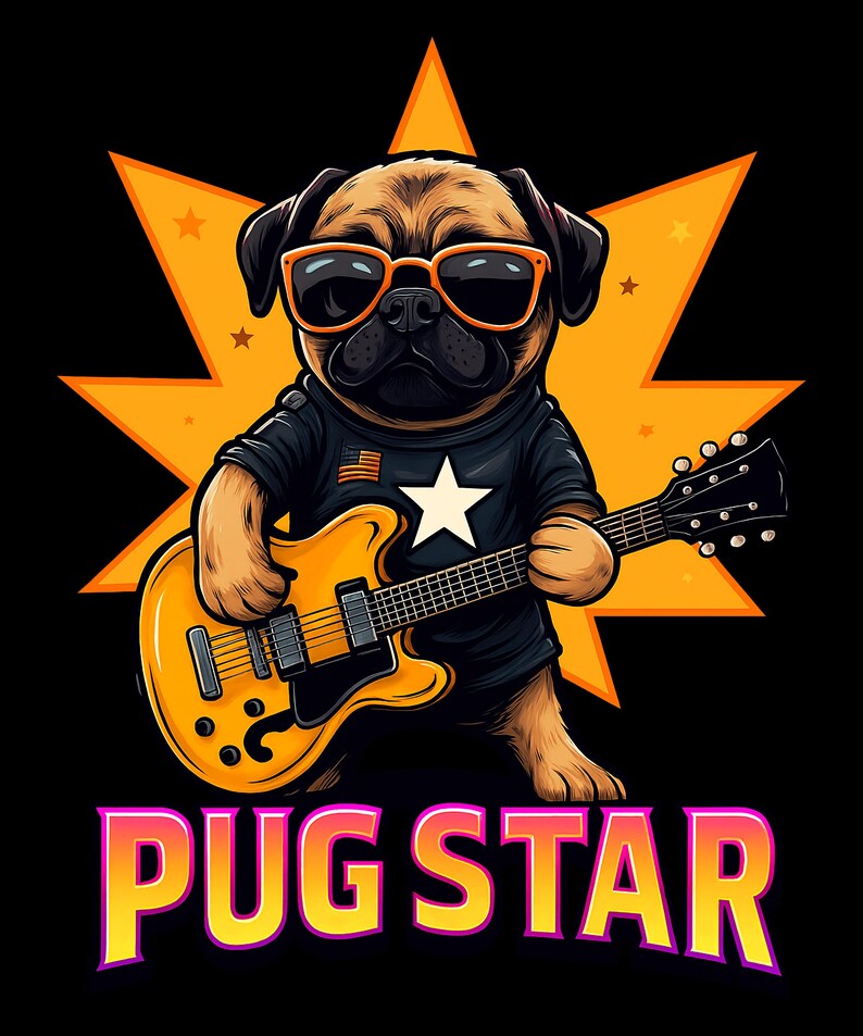 Pug Star PNG – Cool Rock Star Pug With Guitar Sublimation Design for ...