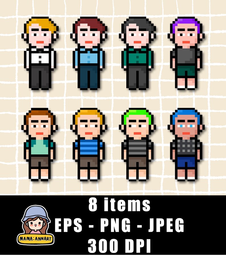 Pixel Art Game Man Characters Vector. EPS + PNG + JPEG Hight Resolution ...