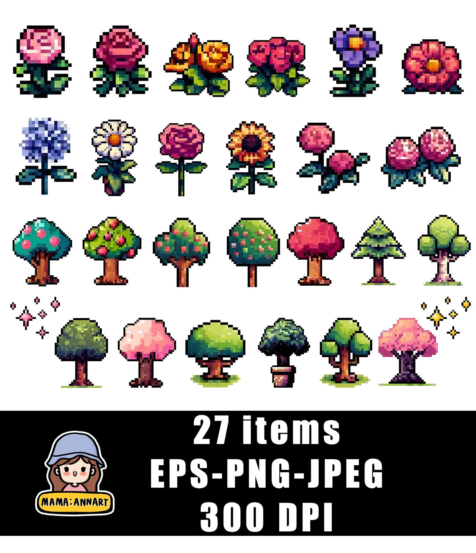 Set of Pixel Art Cute Tree and Flowers. - Etsy