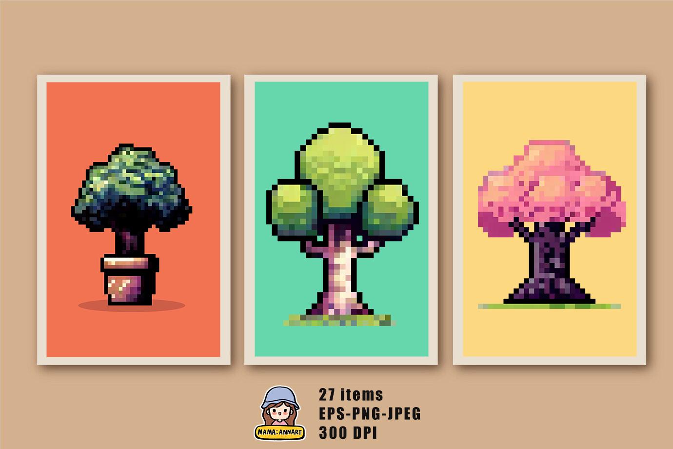 Set of Pixel Art Cute Tree and Flowers. - Etsy