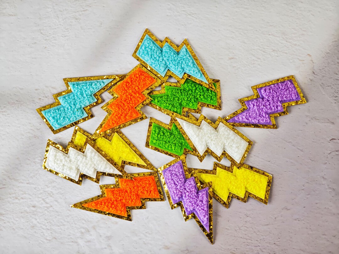 Single Colorful Lightning Patch – Fuzzy Chenille & Sequin Applique for ...