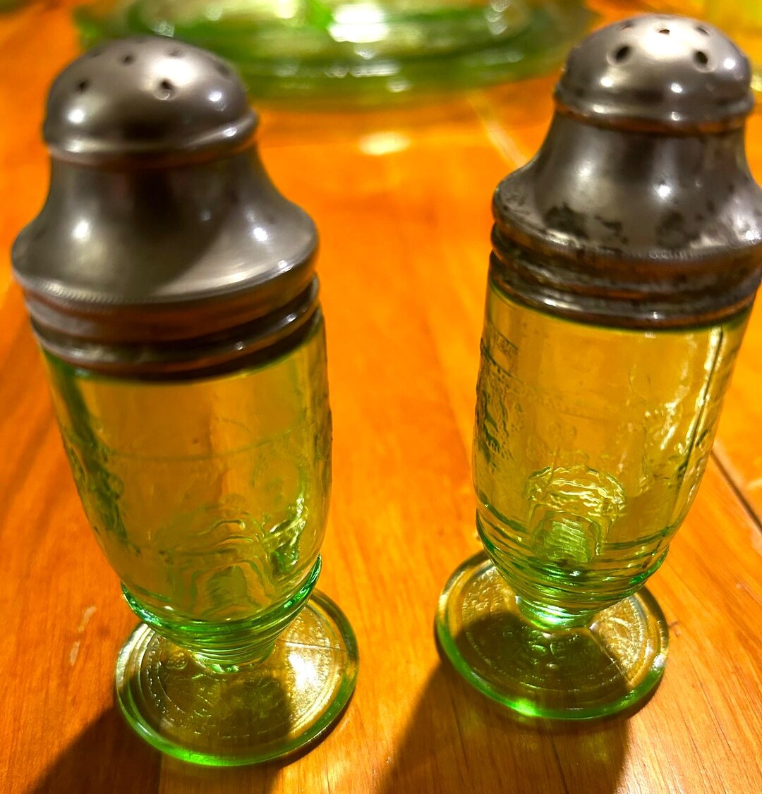 A Unique and Rare Set of Green Cloverleaf Pattern Depression Glass Salt ...