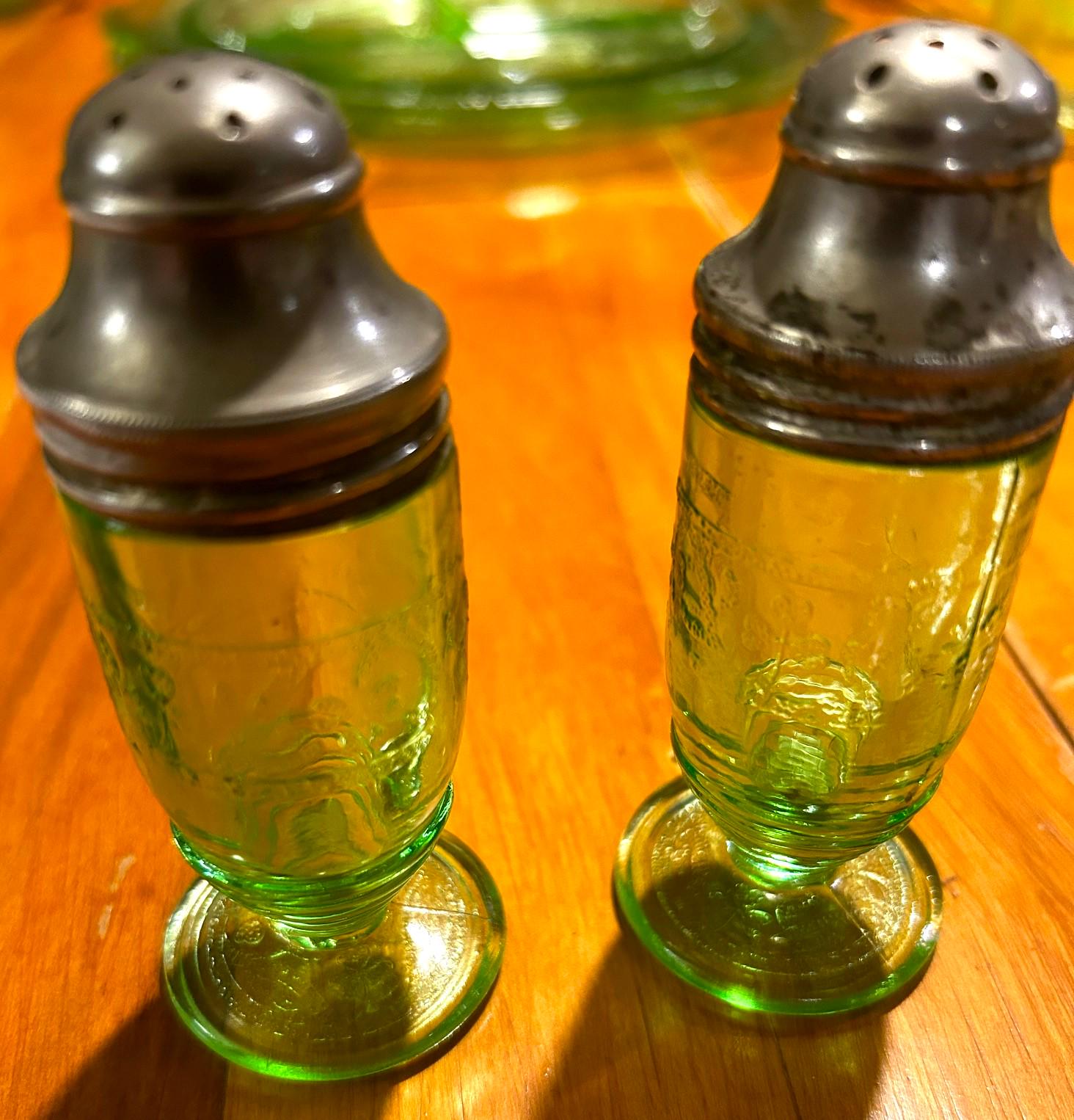A Unique and Rare Set of Green Cloverleaf Pattern Depression Glass Salt ...