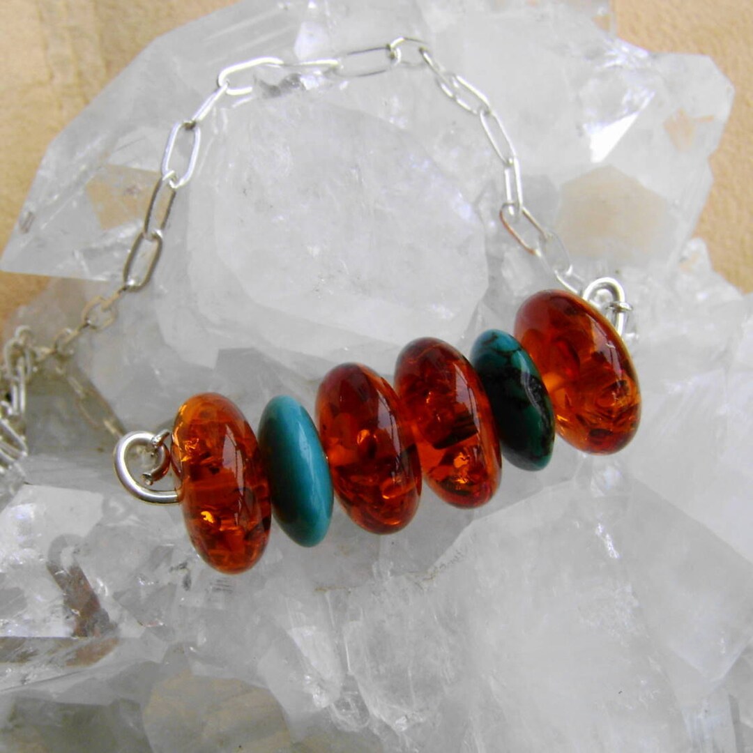 Turquoise and Amber Necklace, Turquoise and Amber Pendant, Bar Pendant ...