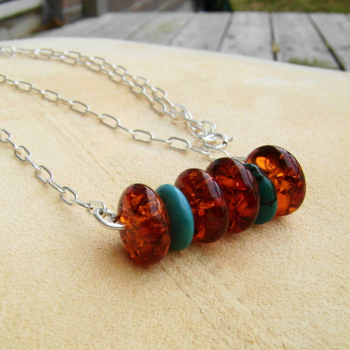 Turquoise and Amber Necklace Turquoise and Amber Pendant Bar - Etsy