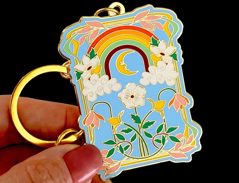 Enamel Art Nouveau Keychain, Gold Celestial Moon Keyring, Rainbow ...