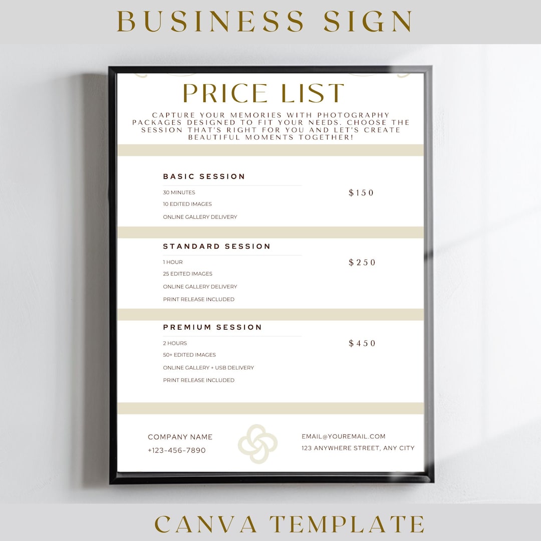 Photographer Pricing Sheet Template| Editable Canva Design (5x7 & 8 ...