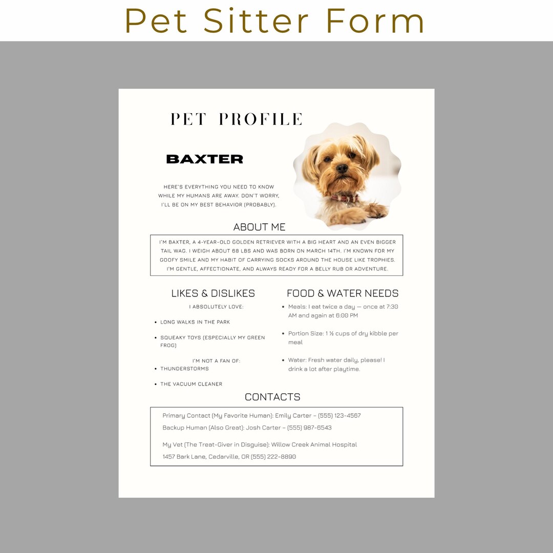 Pet Sitter Form| Pet Sitter Template| Canva Template |dog Information ...
