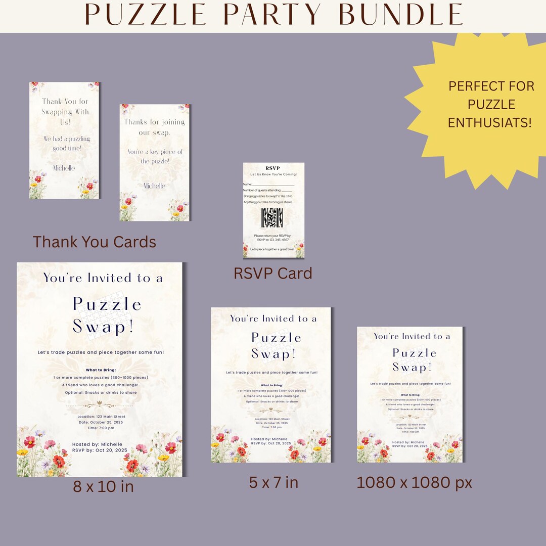 Puzzle Swap Party Canva Template Bundle| Editable Invitation, RSVP Card ...