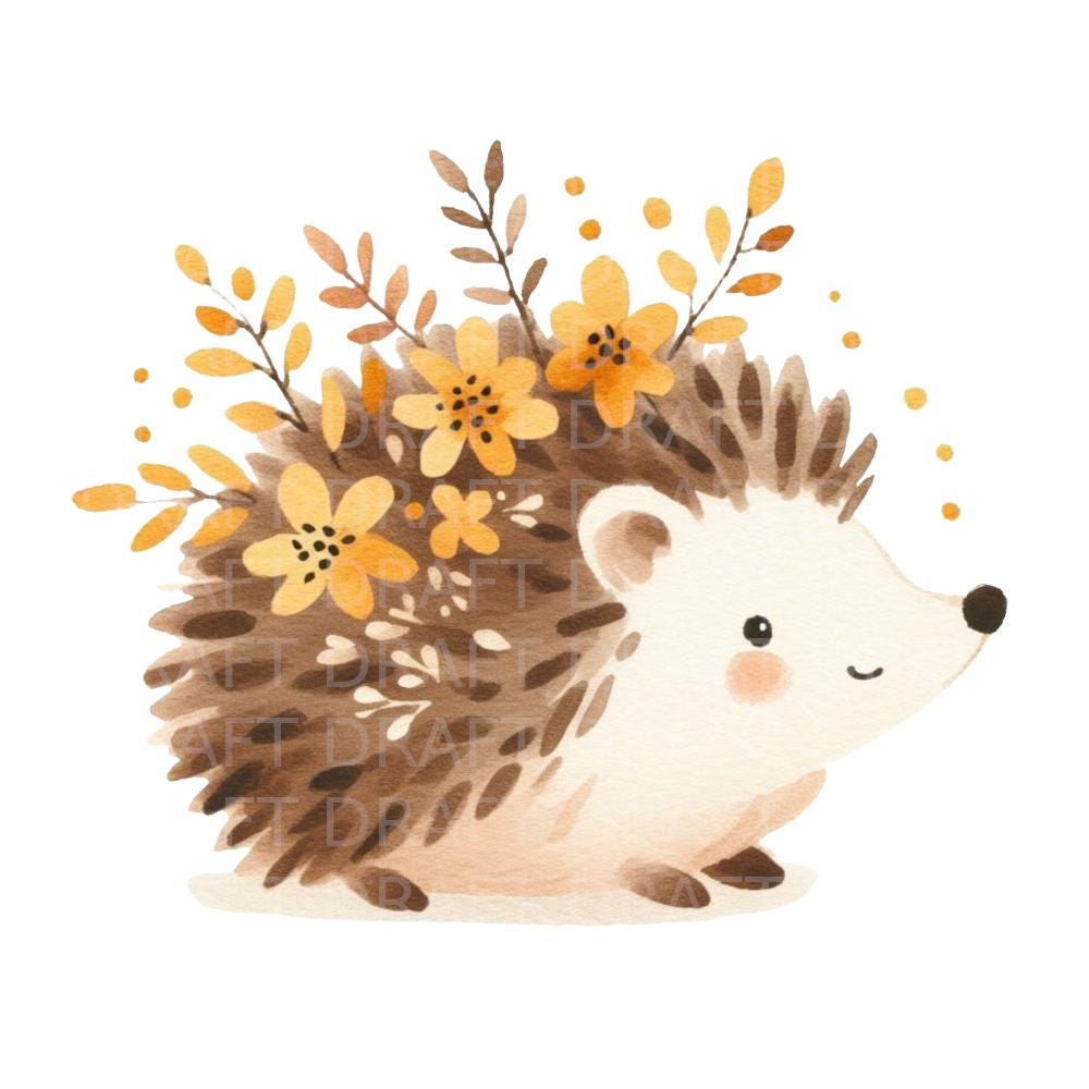 Hedgehog & Autumn Flowers Watercolour Illustration High Quality Digital ...