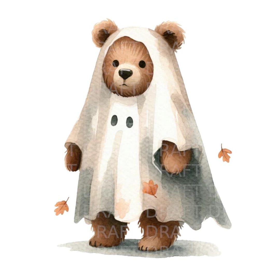 Teddy Bear & Ghost Costume Halloween Watercolour Illustration, High ...