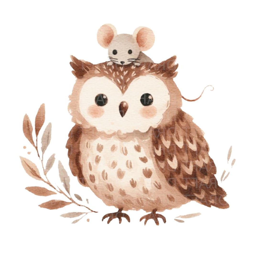 Eule & Maus Freunde skurrile Aquarell Illustration, hochwertige digitale Cliparts, transparente ...