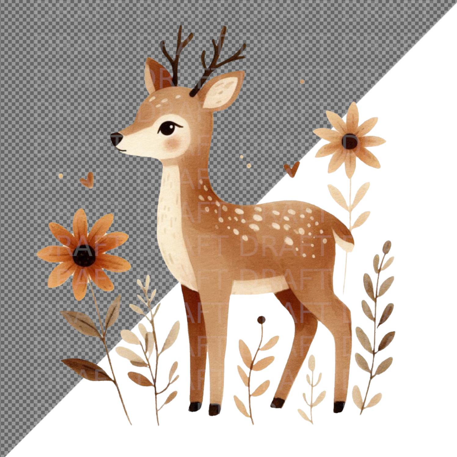 Deer & Autumn Flowers Watercolour Illustration, High Quality Digital ...
