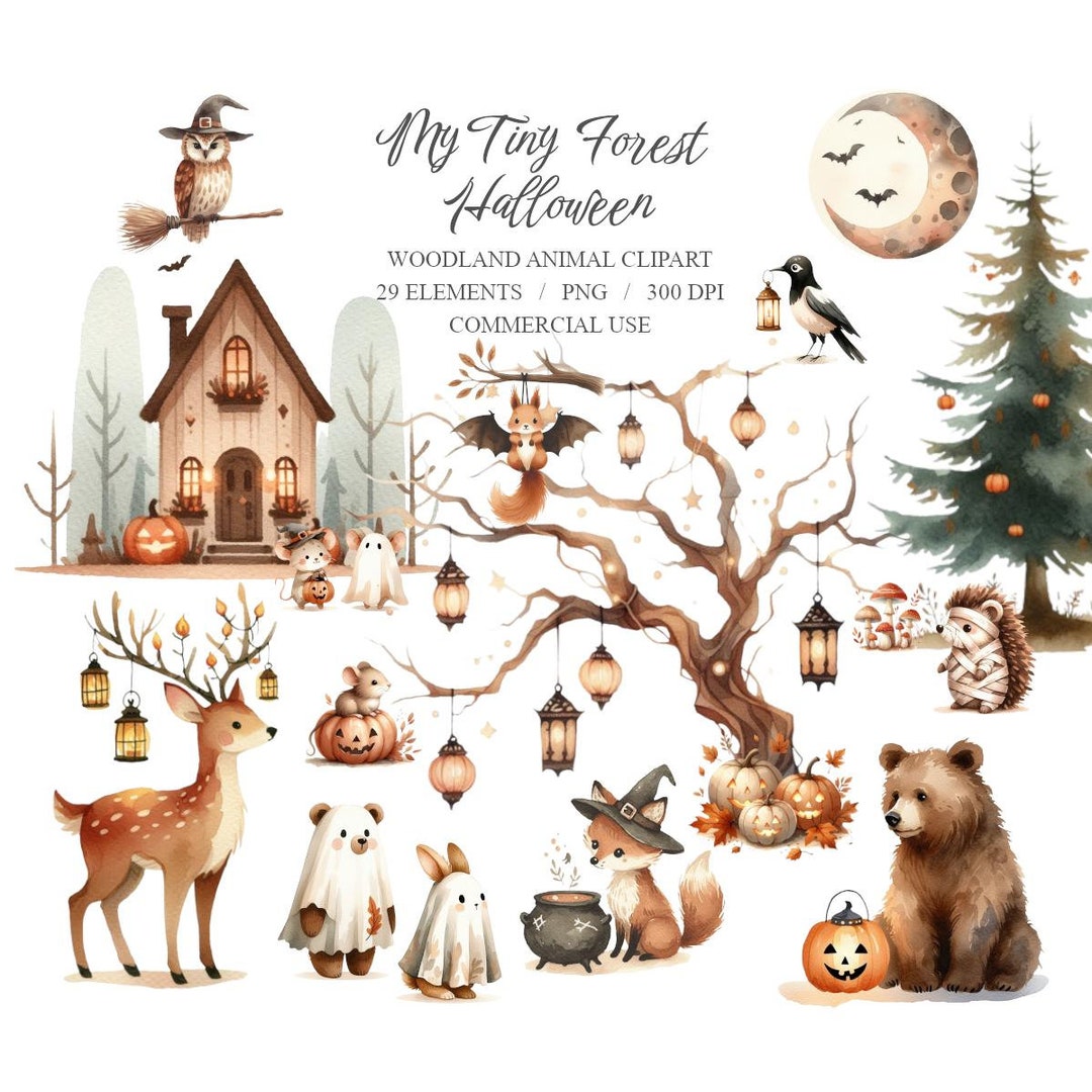 Halloween Forest, Creepy-cute Woodland Animals Clipart Bundle ...