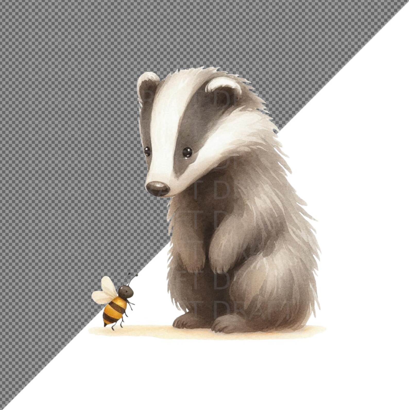 Badger & Bee Cute Watercolour Illustration, High Quality Digital ...