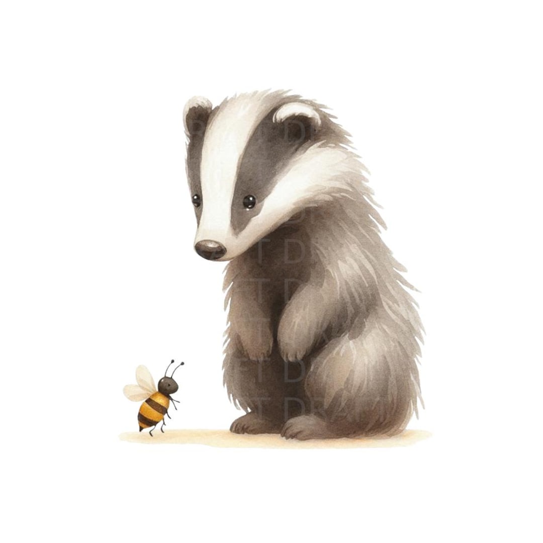 Badger & Bee Cute Watercolour Illustration, High Quality Digital ...