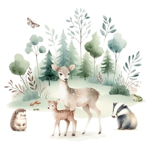Watercolor Woodland Animals Clipart Bundle, Forest PNG Set, Fawn, Deer ...
