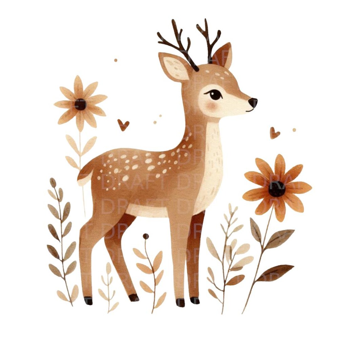 Deer & Autumn Flowers Watercolour Illustration, High Quality Digital ...
