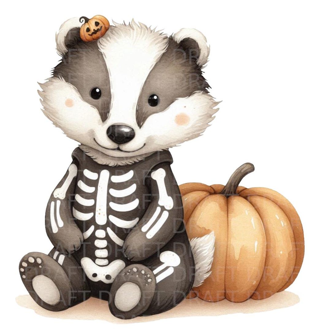 Badger in a Skeleton Suit Halloween Watercolour Illustration, High ...