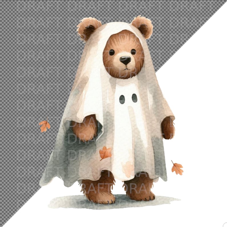 Teddy Bear & Ghost Costume Halloween Watercolour Illustration, High Quality Digital Clipart ...