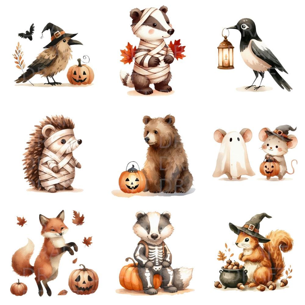 Halloween Forest, Creepy-cute Woodland Animals Clipart Bundle ...