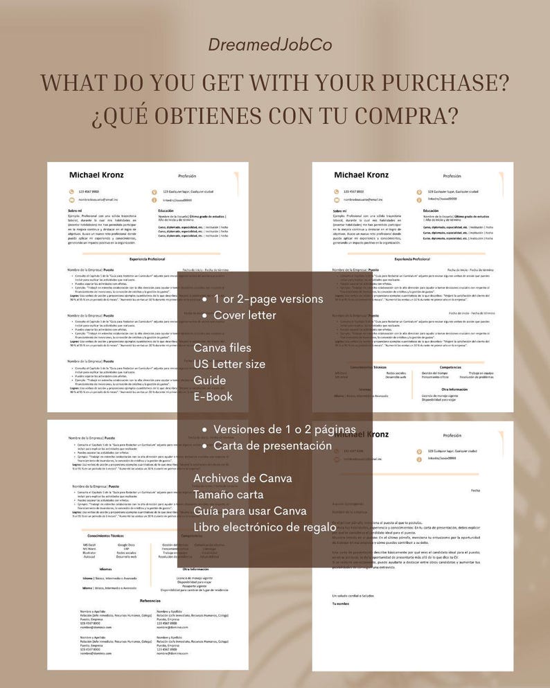 CV TEMPLATE Canva - Editable CV Template in Canva - English and Spanish ...