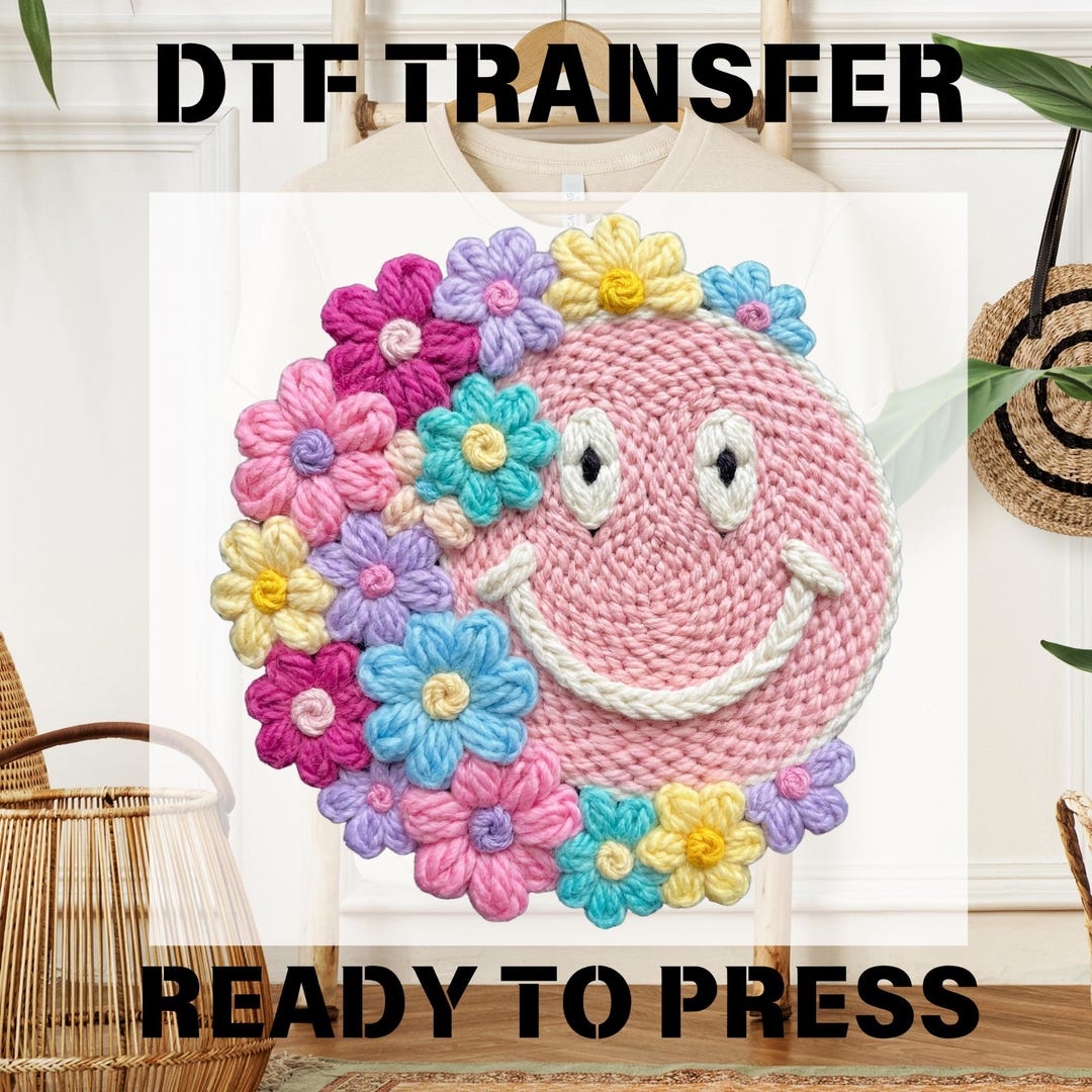 Floral Smiley Face DTF Transfer, Yarn Flower Heat Press Design (ready ...
