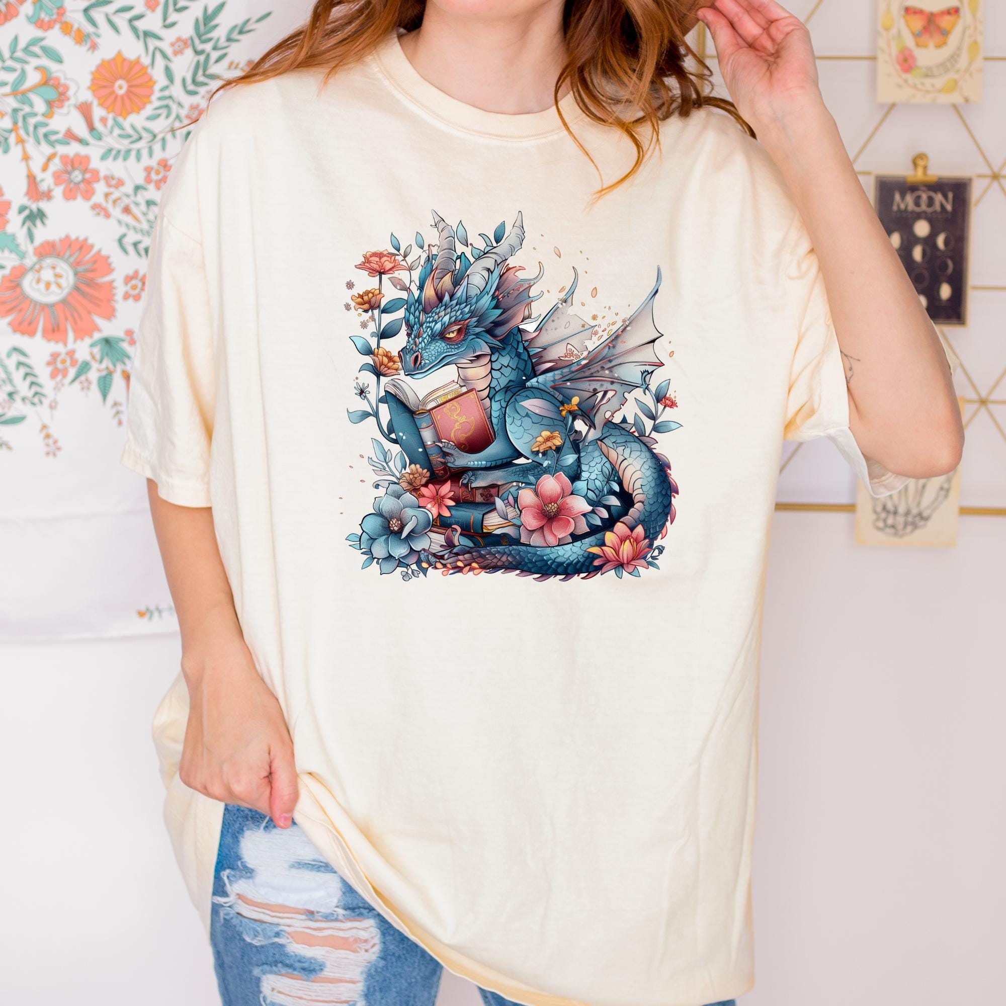 Floral Dragon Reading DTF Transfer, Fantasy Reader Bookish Design ...