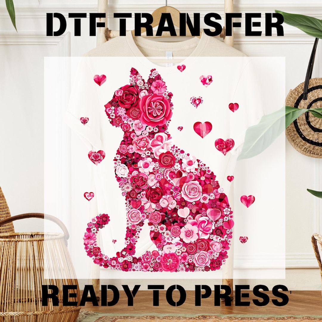 Valentine Cat DTF Transfer, Valentines Day Ready to Press, Pink Floral ...