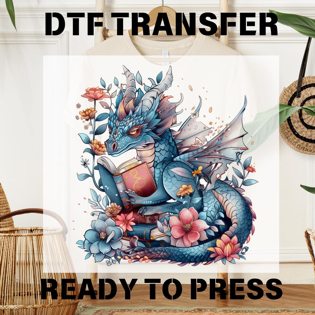 Floral Dragon Reading DTF Transfer, Fantasy Reader Bookish Design ...