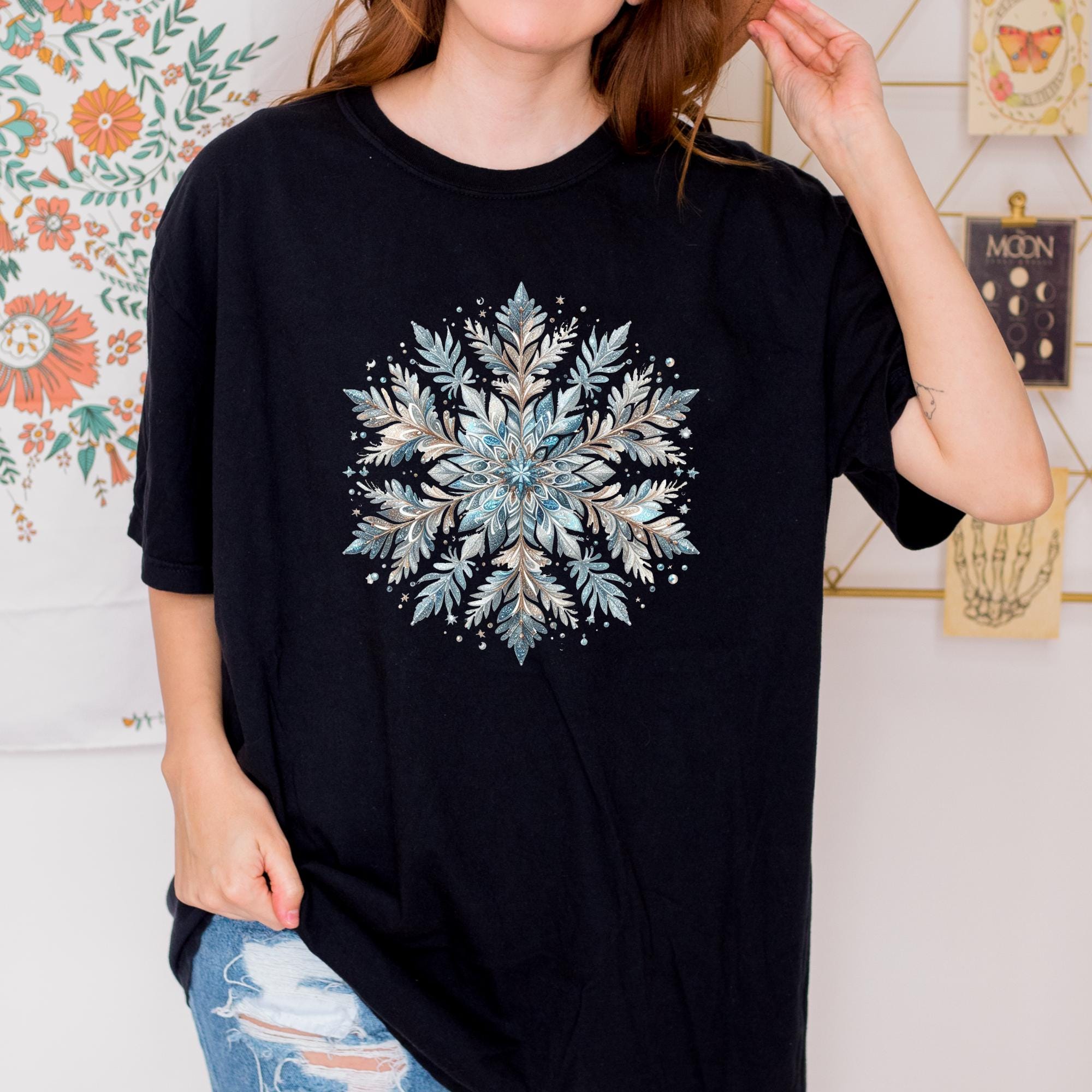 Glitter Snowflakes DTF Transfer: Silver Blue Christmas Design, Ready to ...