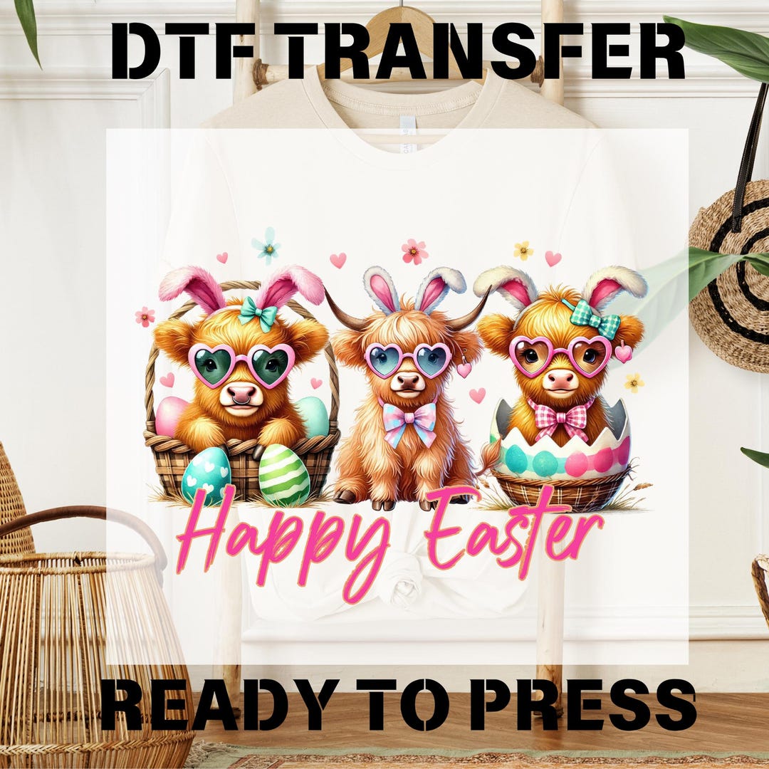 Easter Day Highland Cow DTF Transfer, Cute Cow Easter Ready to Press ...