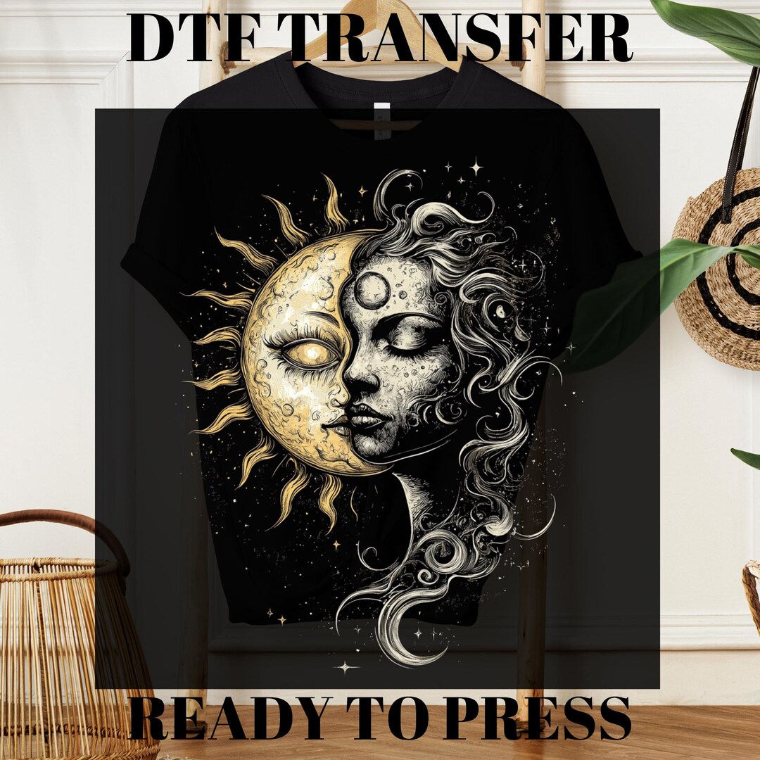 Sun and Moon Face Woman DTF Transfer, Boho Mystical Moon Ready to Press ...