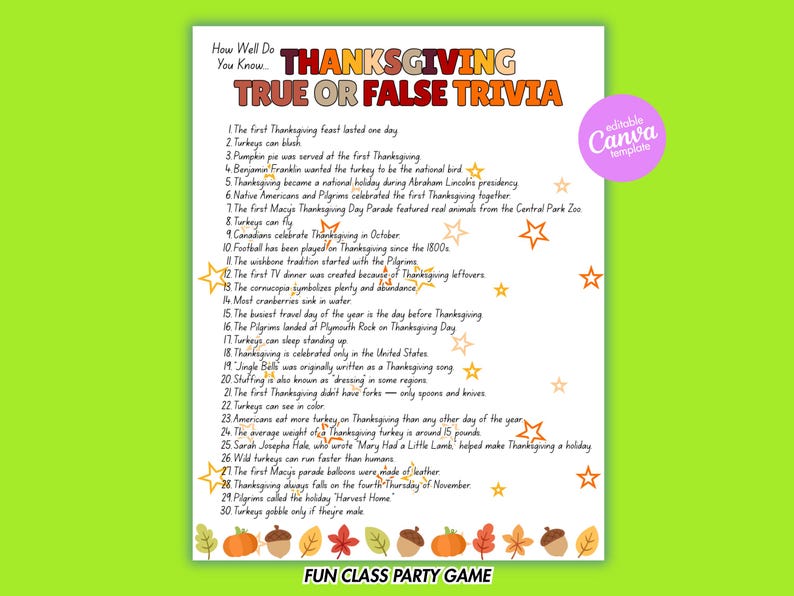 Thanksgiving Trivia Game Printable True or False Questions and Answer ...