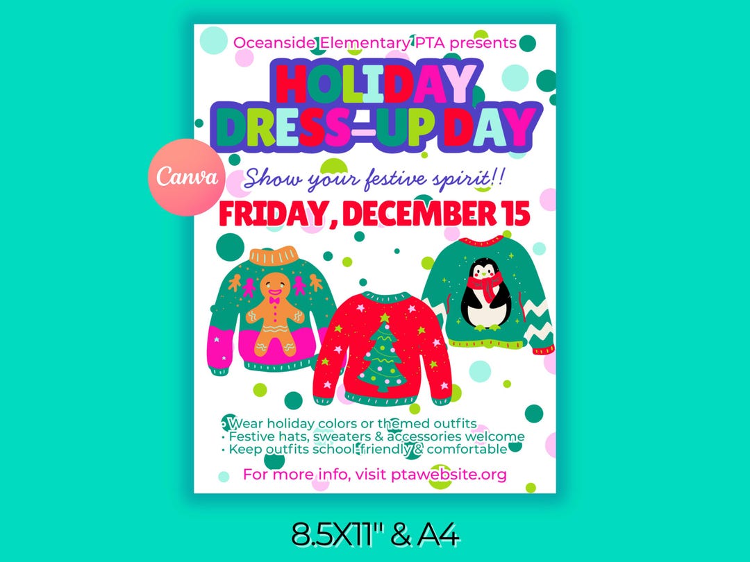 Holiday Dress up Day Flyer Template Editable School Spirit Day Winter ...