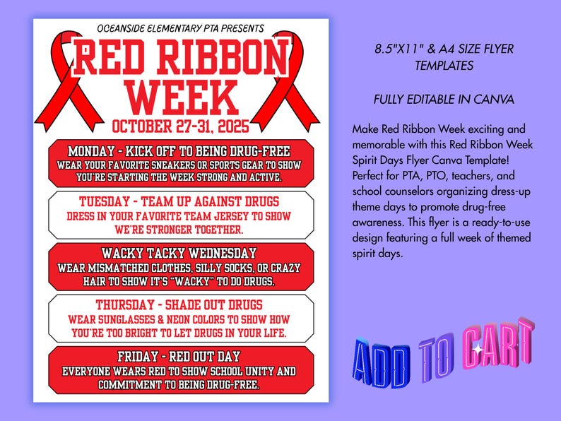 Red Ribbon Week Spirit Days Flyer Editable Canva Template School Dress ...