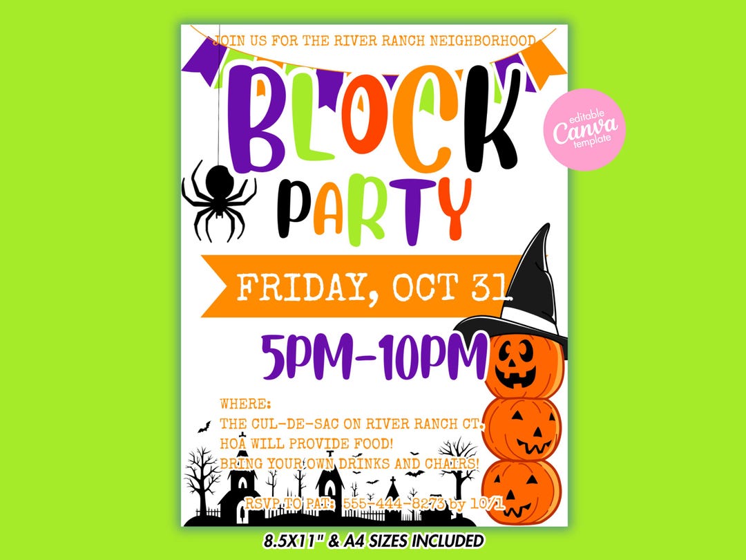 Halloween Block Party Flyer Template Editable Canva Neighborhood ...