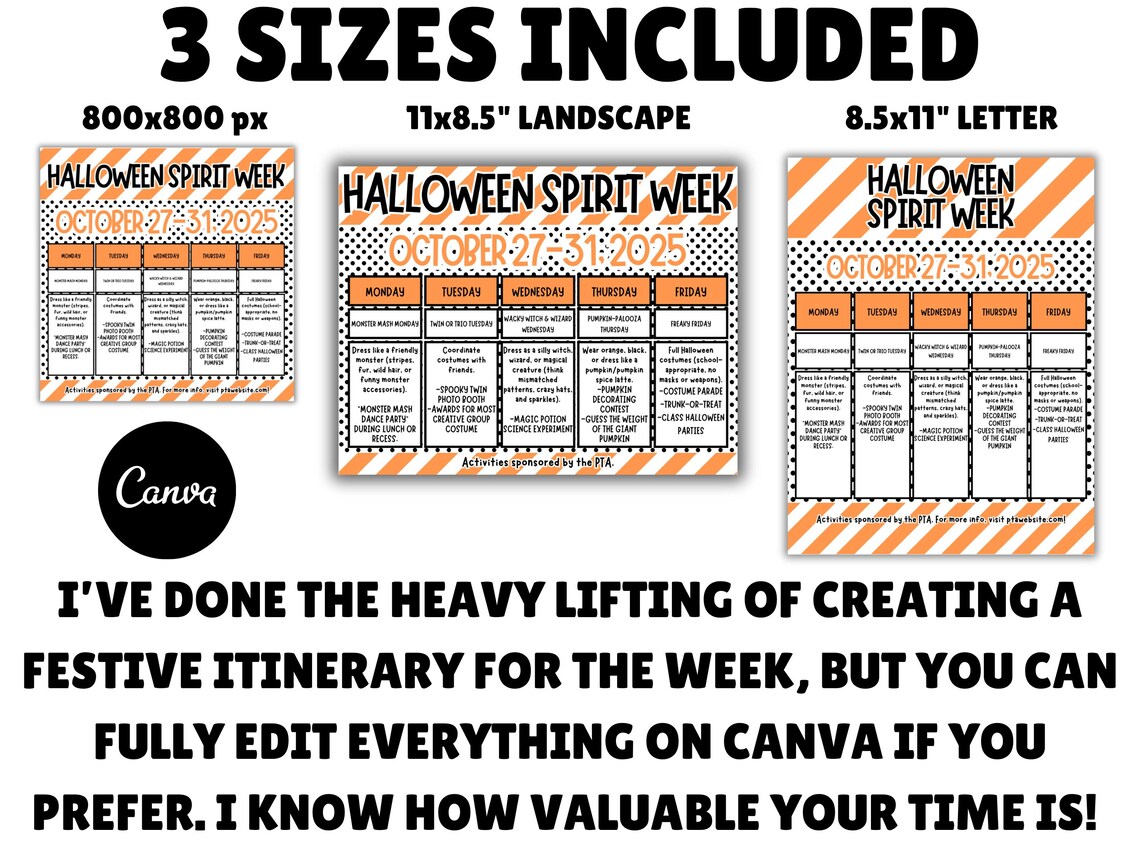 Halloween Spirit Week Flyer Templates Editable Canva PTA PTO School ...
