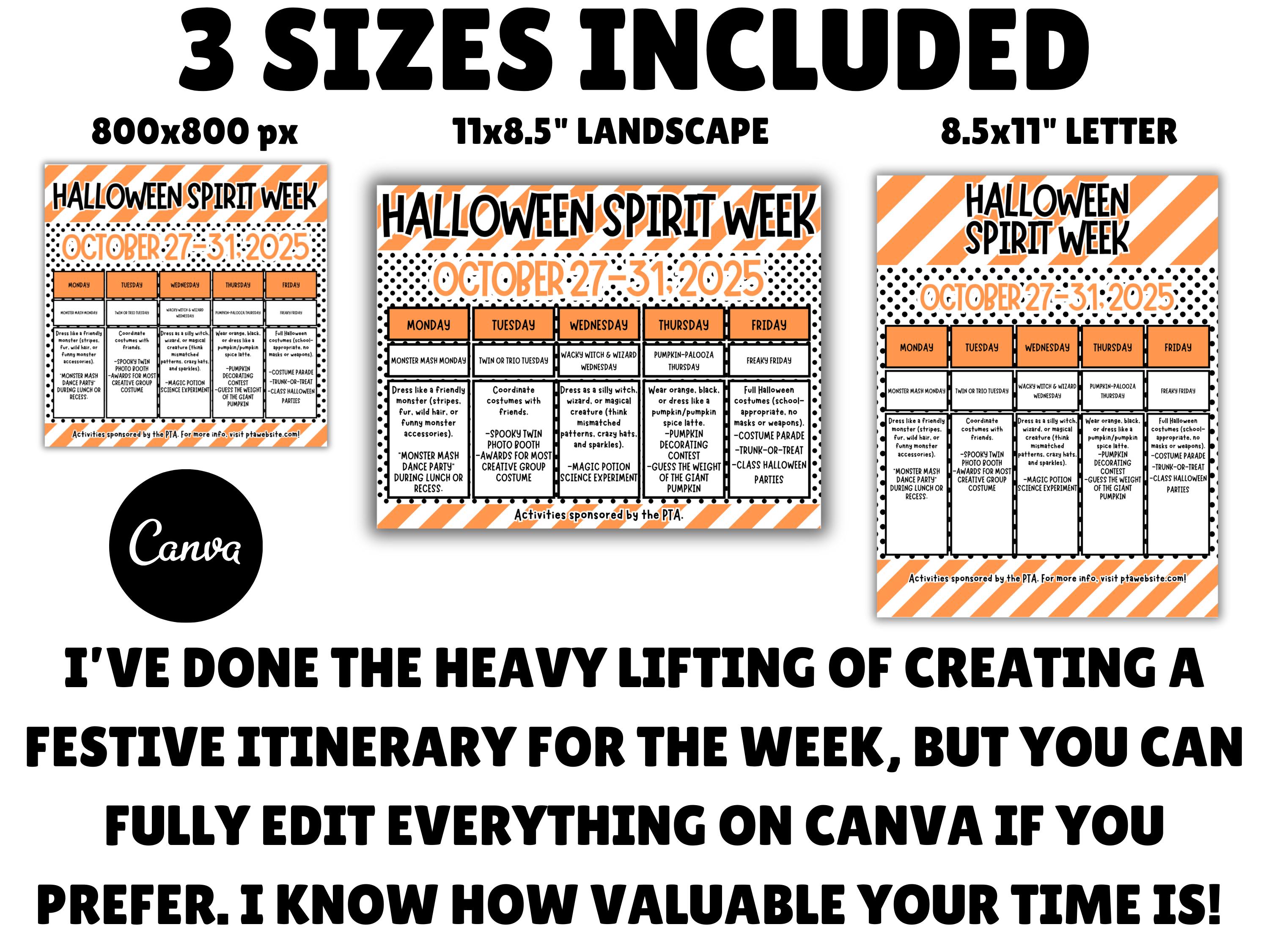 Halloween Spirit Week Flyer Templates Editable Canva PTA PTO School ...