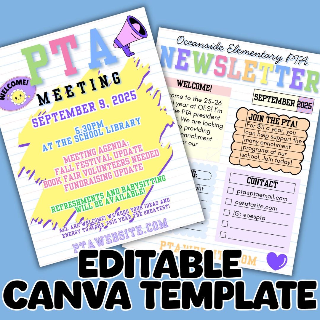 Editable PTA Flyer and Newsletter Template Bundle Canva School Meeting ...