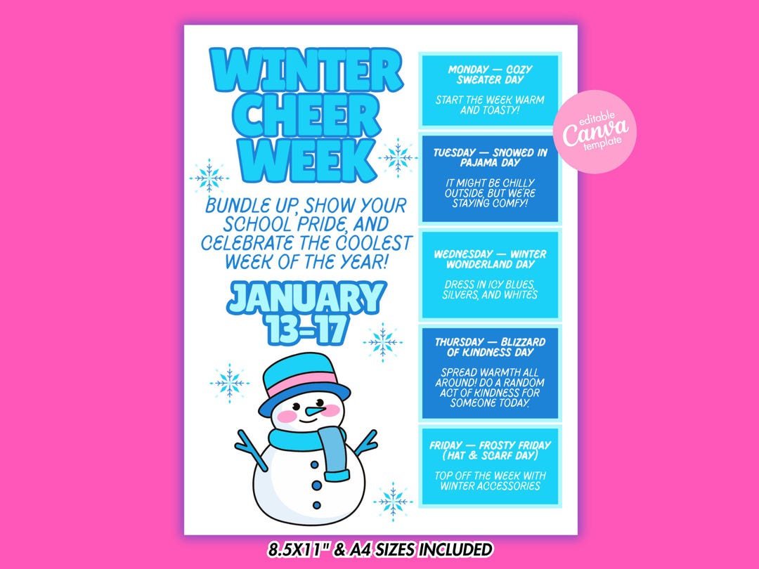 Editable Winter Spirit Week Flyer Canva Template PTA PTO School Dress ...