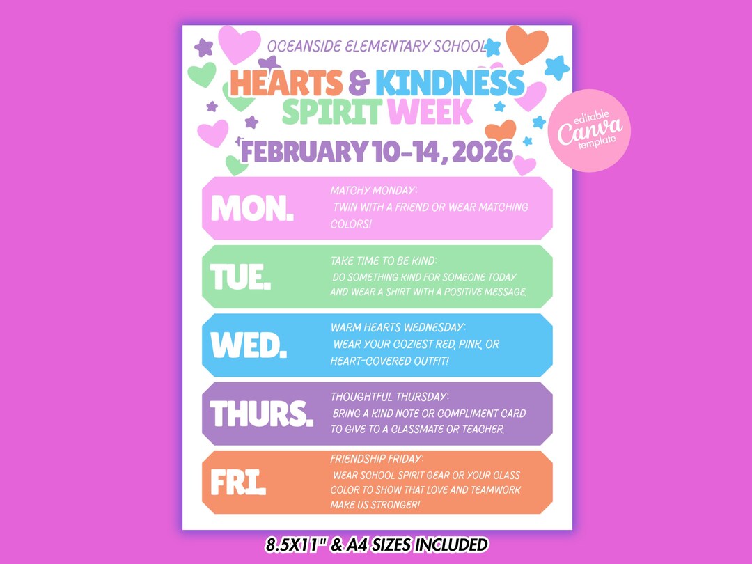 Hearts and Kindness Spirit Week Flyer Canva Template Valentines School ...