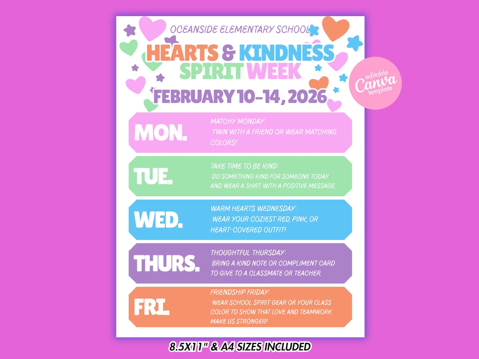 Hearts and Kindness Spirit Week Flyer Canva Template Valentines School ...