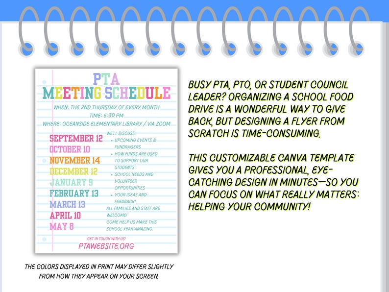 Editable PTA Meeting Schedule Flyer Canva Template Back to School PTA ...