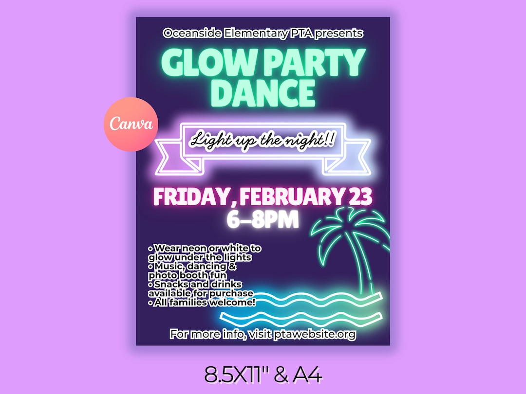 Glow Party Dance Flyer Template Editable PTA PTO School Dance Neon ...