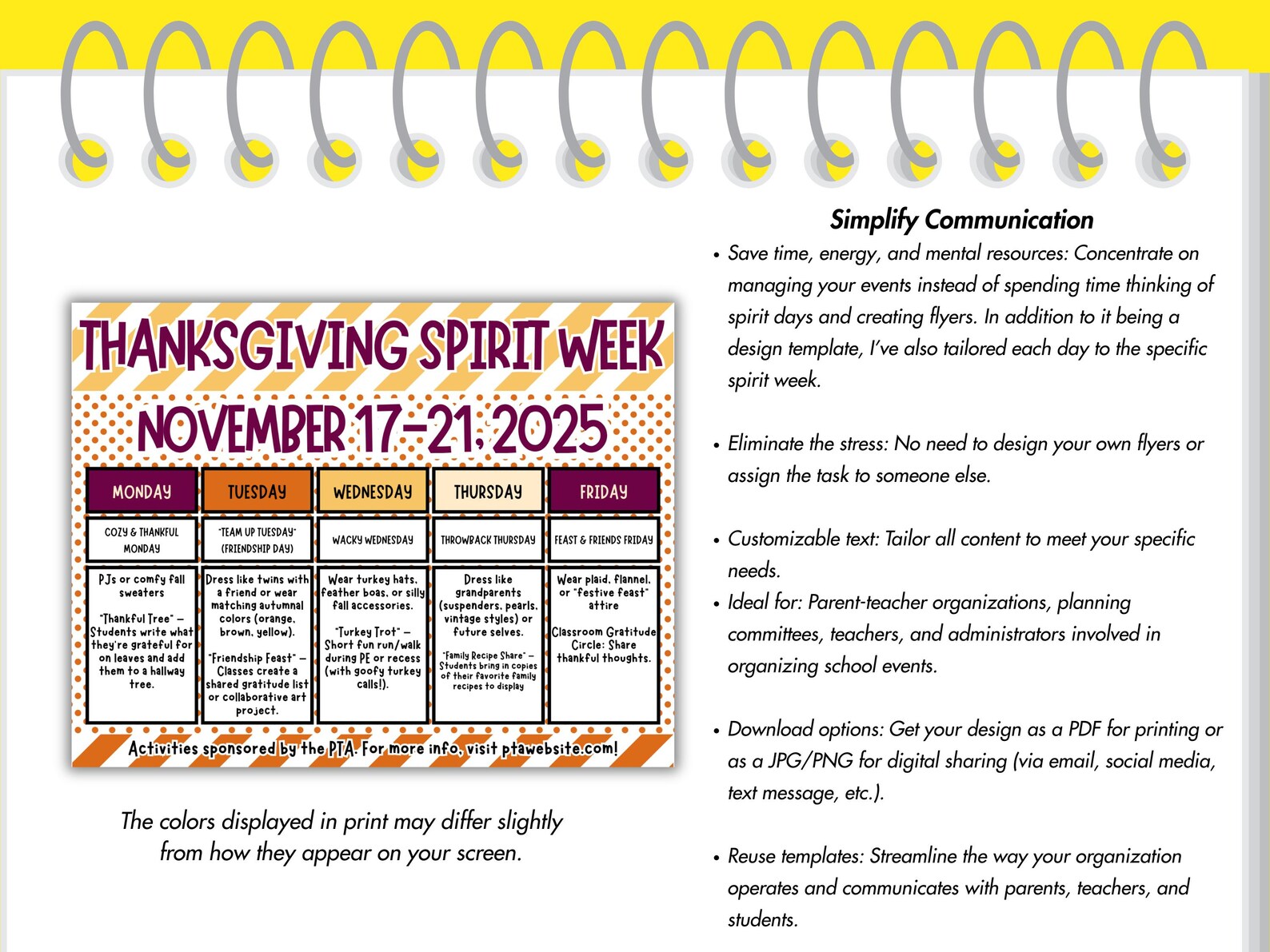 Editable Thanksgiving Spirit Week Flyer Canva Template Fall School ...