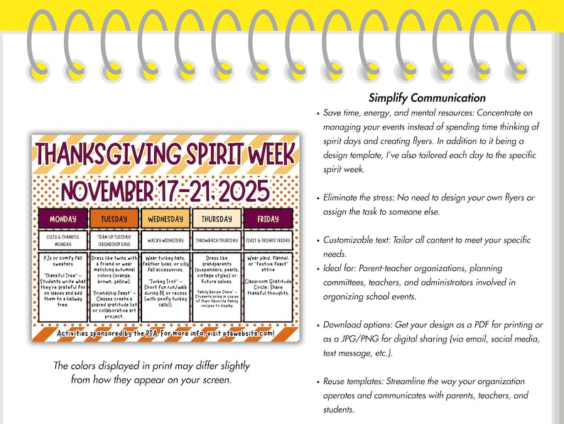 Editable Thanksgiving Spirit Week Flyer Canva Template Fall School ...