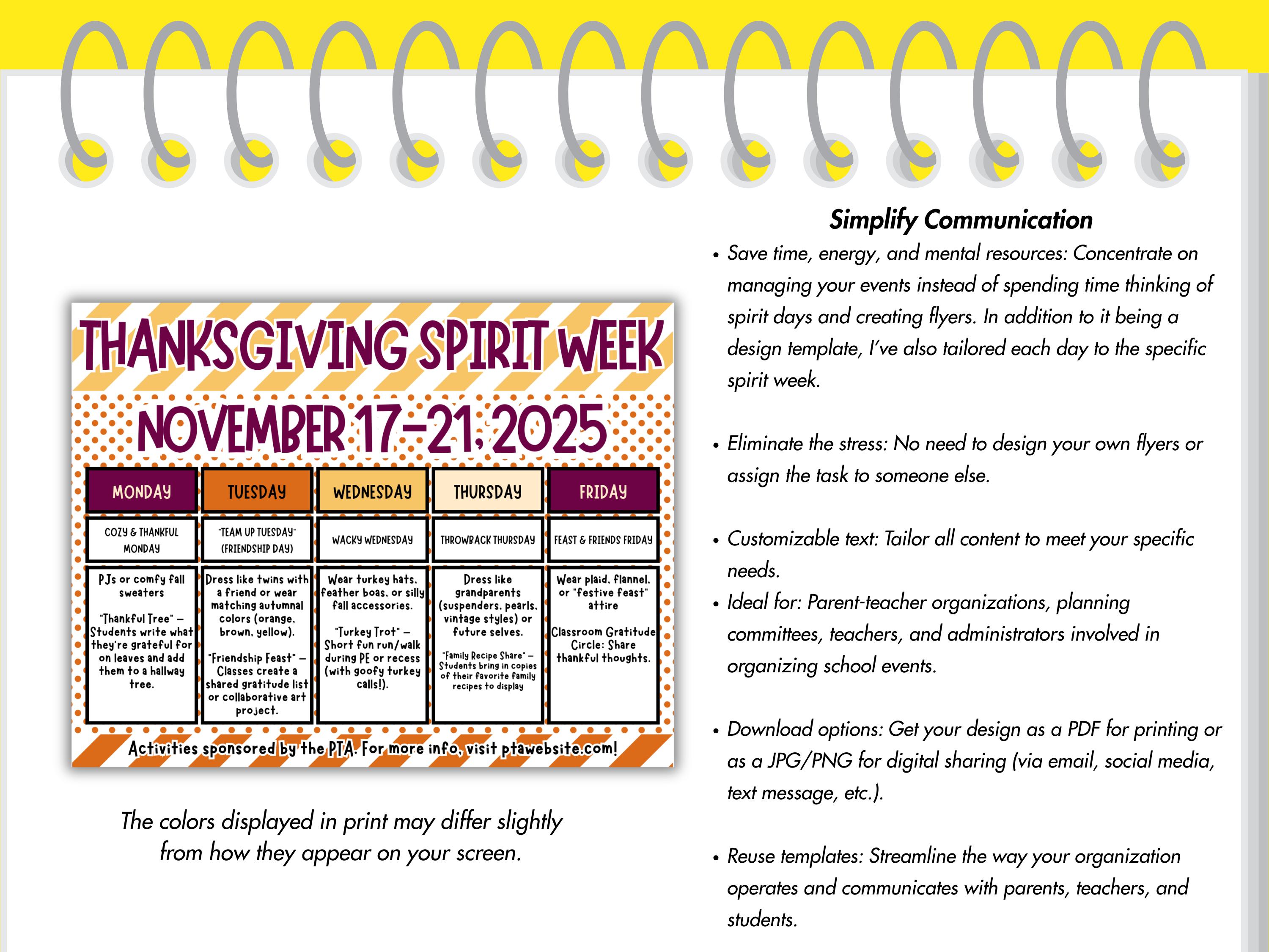 Editable Thanksgiving Spirit Week Flyer Canva Template Fall School ...