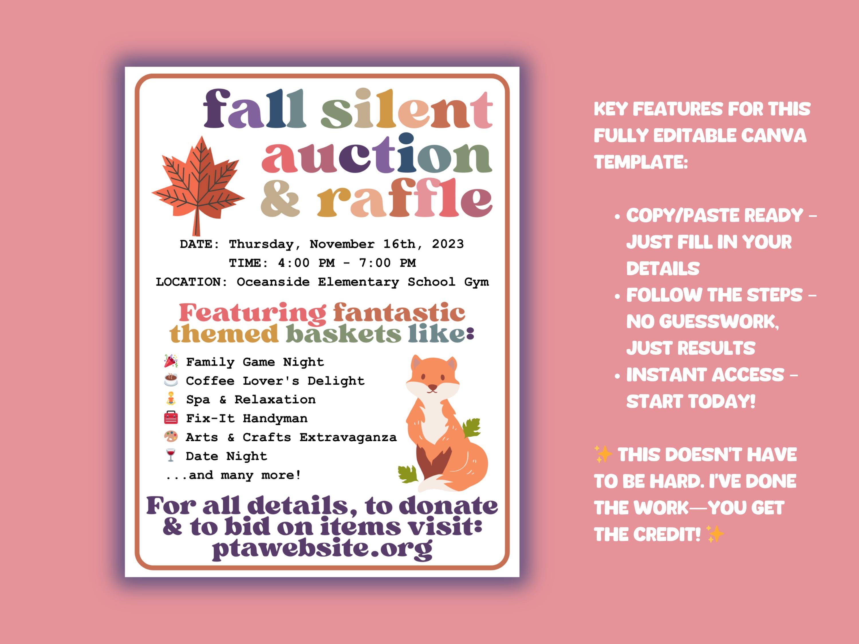 Editable Fall Silent Auction Flyer PTA PTO Fundraiser Canva Template ...