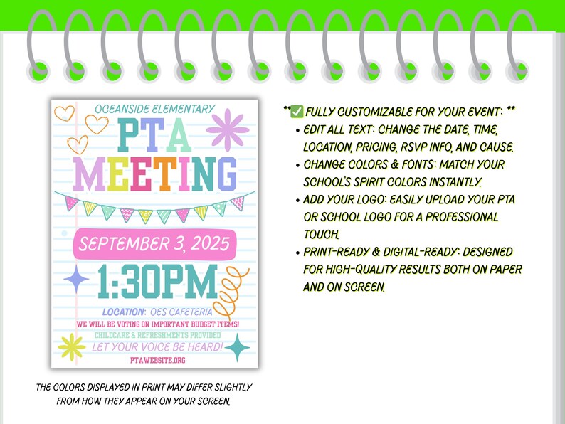 PTA Meeting Flyer Editable Pastel Canva Template School Event ...
